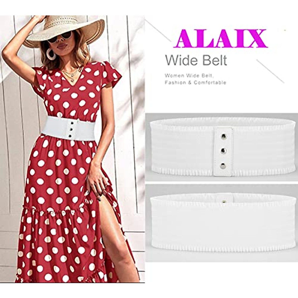 ALAIX Women's Wide Belt Stretchy Dress Belts Elastic Snap-Button Corset Belts for Women Waist Belt Waistband White(Fits 33~37 inches)