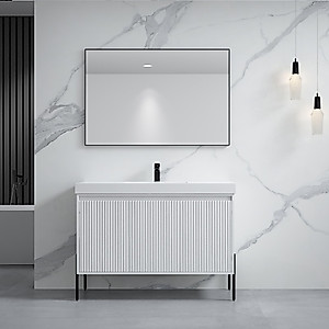 Dowell 48" Fluted Design Vanity Set – Modern Glossy White Bathroom Cabinet with Soft-Close Doors & Shelves, Single Resin Basin, and Black Legs | 002 48 21KD/4818BPS