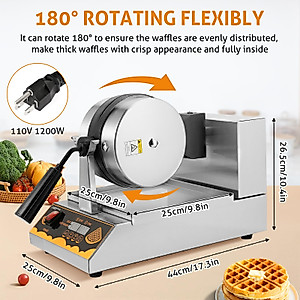 WICHEMI Belgian Waffle Maker Commercial Waffle Maker Restaurant Intelligent Flip Waffle Maker with Removable Plates 180° Rotating Non-Stick LED Digital Waffle Iron For Hotel Restaurant,110V 1200W.
