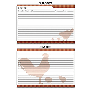 50 Pack 4x6 Double Sided Recipe Cards | Vintage Rustic Retro Plaid Farm Chicken Design | Large Thick Easy-Write Card Stock | Wedding Bridal Shower Gift 4 x 6