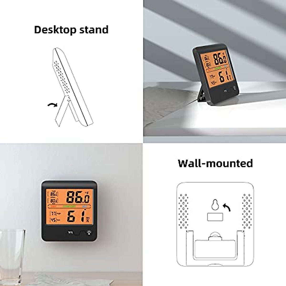 4" Digital Hygrometer Indoor Thermometer Temperature and Humidity Gauge Monitor Indicator Room Thermometer with Backlight LCD Display Humidity Meter