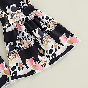Toddler Western Baby Girl Clothes Bell Bottom Outfit Short Sleeve Letter Tops Cow Print Flare Pant Sets Cowgirl Outfits (D-Black, 4-5 Years)