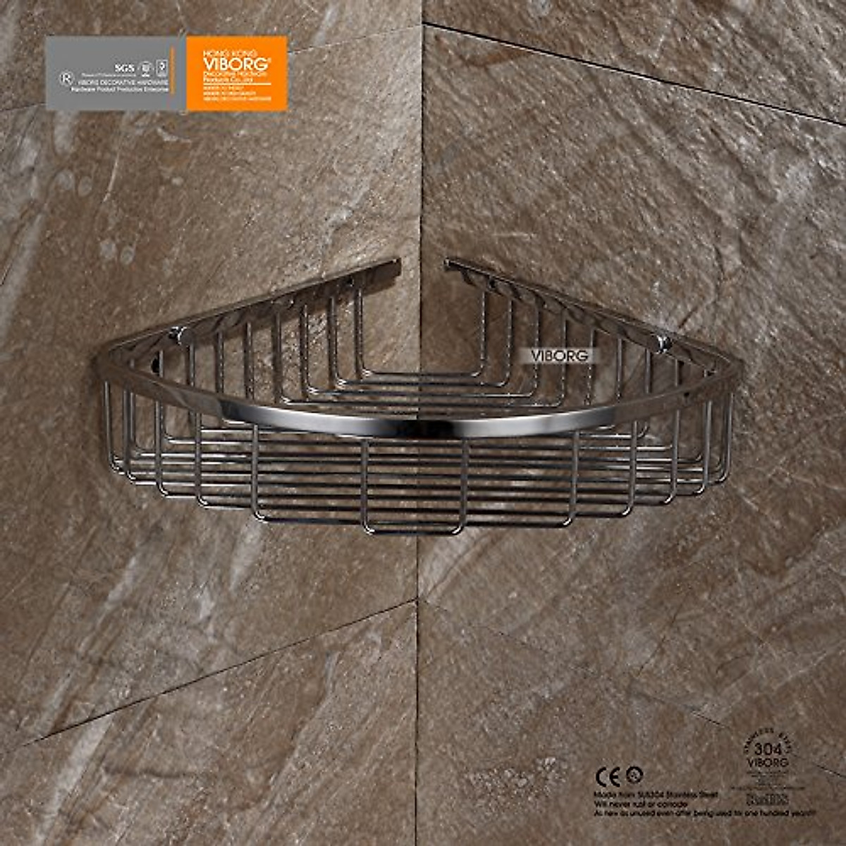 VIBORG Deluxe Solid Thick SUS304 Stainless Steel Wire Wall Mounted Single Tier Bathroom Corner Shower Basket Bath Caddy Shelf Organizer Storage Holder for Shampoo Conditioner. Polished mirror-like