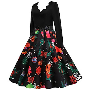 Deals of The Day Christmas Dresses for Women 2023 Casual Long Sleeve Cocktail Party Dress Plus Size V Neck Elegant Evening Prom Dresses with Belt Xmas Graphic Flowy Swing Dresss