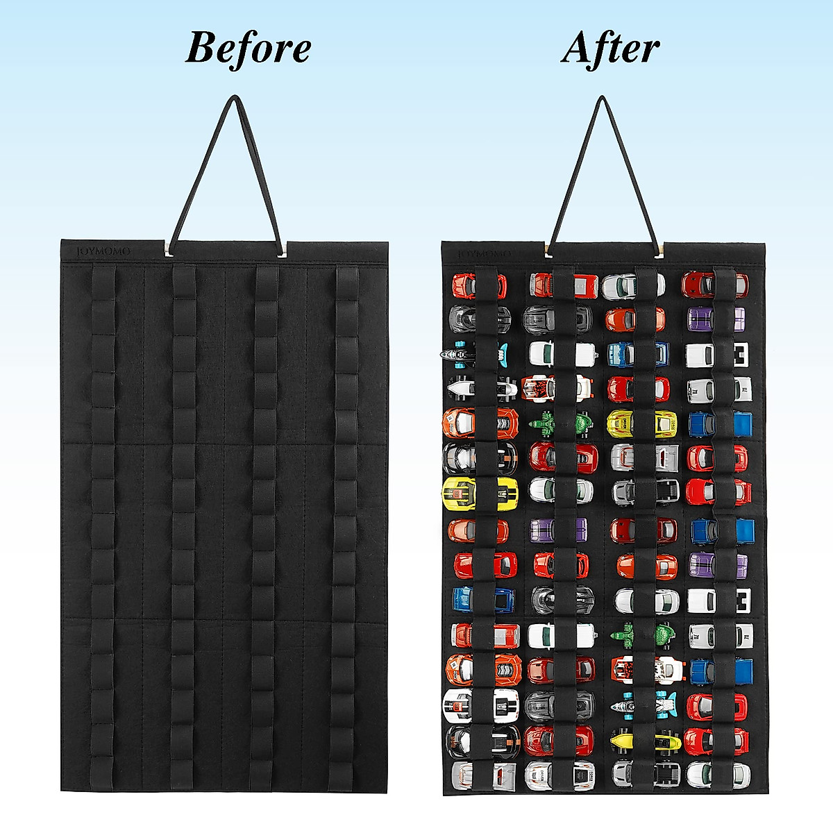 JOYMOMO Hanging Storage Organizer for Toy Cars Felt Display Case Hold Up 60 Toy Cars (Without Accessories)(Black)