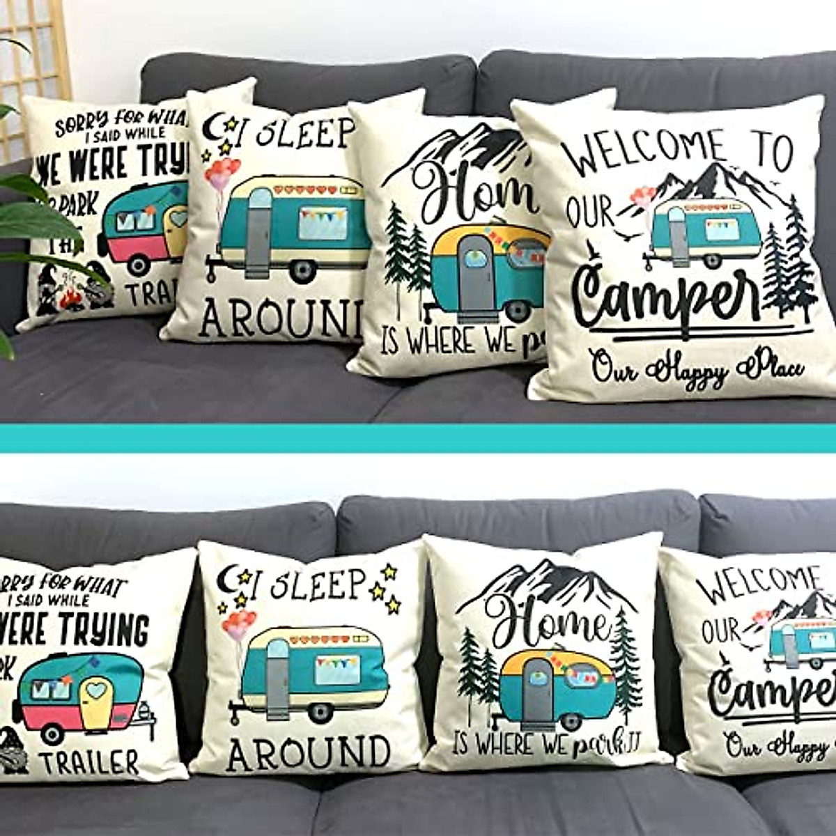 OCCdesign Set of 4 Camper Decor Rv Travel Trailer Decoration for Inside Camping Pillow Cover for Bedding Sofa Couch (Welcome to Our Camper)