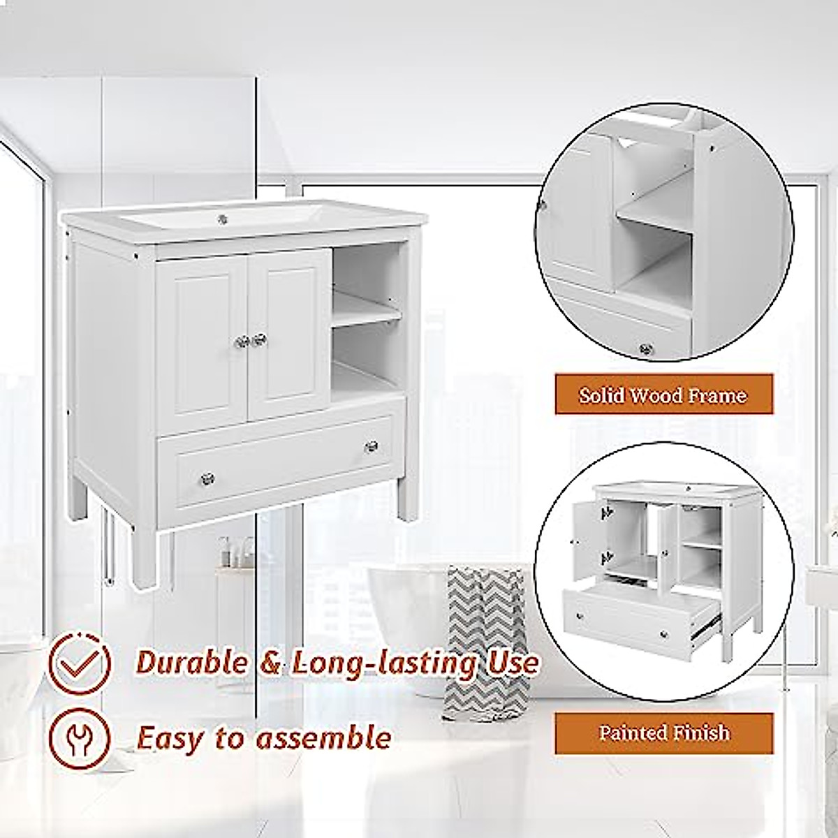 30 Inch Bathroom Vanity Cabinet with Ceramic Sink, Drawers and Doors, Adjustable Shelf, Solid Wood Frame, Modern Style