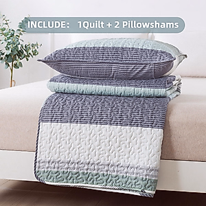 Andency Stripe Quilt Set Twin(68x86Inch), 2 Pieces (1 Striped Quilt and 1 Pillowcase) Mint Green Patchwork Striped Bedspread Coverlet Set, Soft Microfiber Stitched Quilt Bedding Set