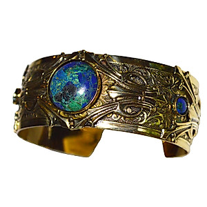 Elaine Coyne Collectible Artwear Hand Polished Antique Brass Art Deco Motif Cuff Bracelet - Chrysocolla