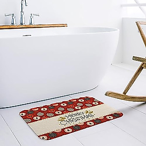 Door Mat Merry Christmas Memory Foam Cushioned Kitchen Rug, 16x24 Inch Water Absorbent Soft Touch Standing Mat for Bathroom, Office, Sink, Laundry, Home Red Grey Xmas Balls Snowflakes Tiled