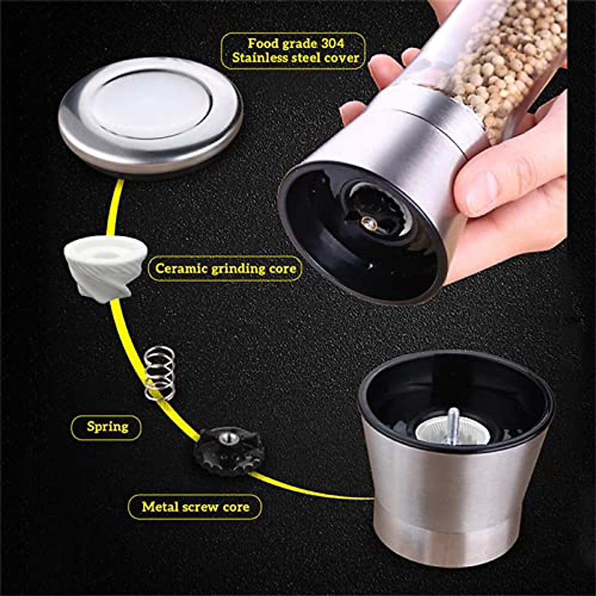 Fillable Stainless Steel Grinder - Aadjustable Black Pepper Grinder, Long Lasting Fresh Keeping Spice Grinder, High Glass Blender That Can Be Used for Pepper, Cumin, Sea Salt, Mung Bean (High)