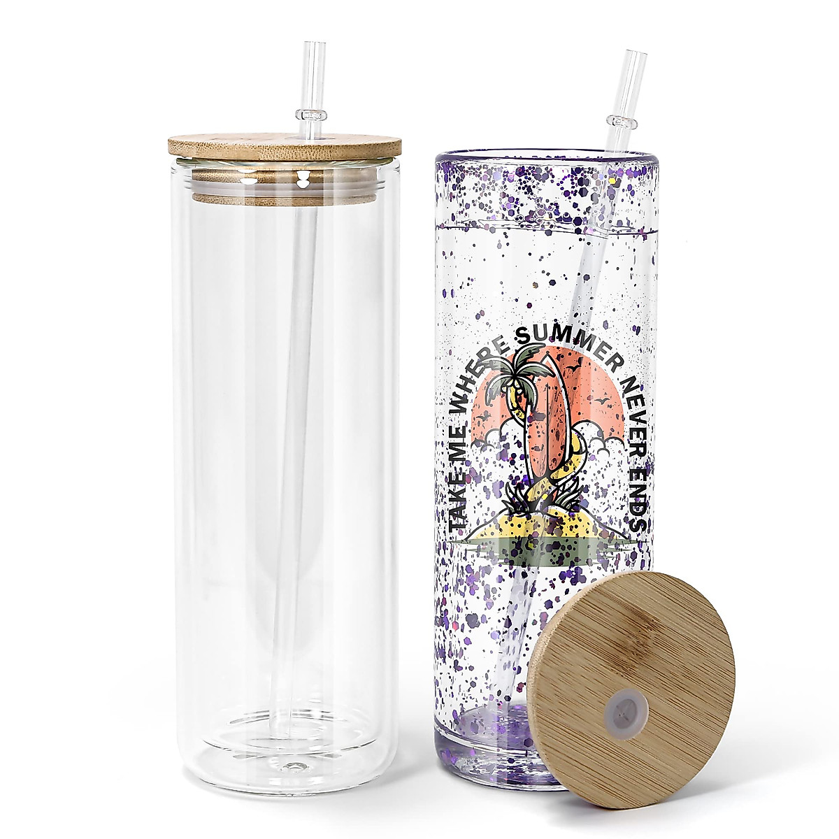 AGH 25OZ Snow Globe Glass Tumbler,2 Pack Sublimation Glass with Bamboo Lids and Straws, Double Wall Sublimation Beer Can Glasses Can Shaped Tumblers with Pre Drilled Hole for DIY