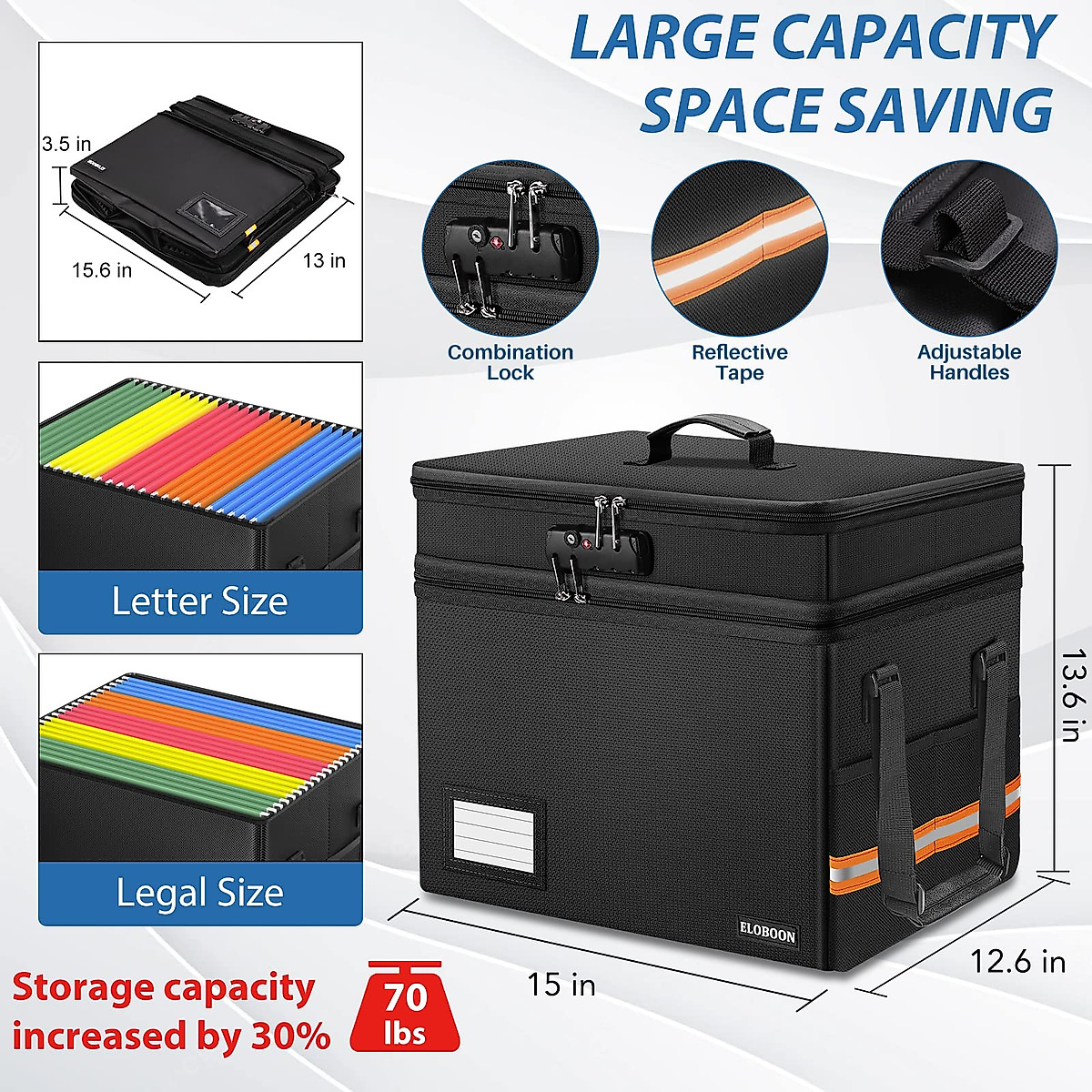 Fireproof Document Box with 13 Pockets Accordian File Organizer, ELOBOON Water-Resistant File Organizer Box with Lock, Collapsible File Storage Box Cabinet for Hanging Letter/Legal Folder, Black