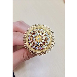 Dtja Vintage Big Round Statement Ring for Women Girls Boho Antique Mosaic Crystal CZ Expandable Open Wrap Finger Rings Adjustable Comfort Fit Indian Bollywood Style Exaggerated Jewelry (Lacy)
