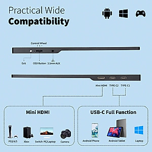 FYHXele 15.6" Portable Monitor, Touchscreen Monitor, FHD 1080P IPS Ultra Slim Gaming Monitor, Eye Care Display, 1x Mini-HDMI 2xUSB Type-C for Laptop PC Phone, Touch Not for iOS