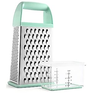 Spring Chef Professional Box Grater With Storage Container, Stainless Steel & Soft Grip Handle, 4 Sides, Handheld Kitchen Food Shredder Best for Parmesan Cheese, Vegetables, Ginger, 10" Mint