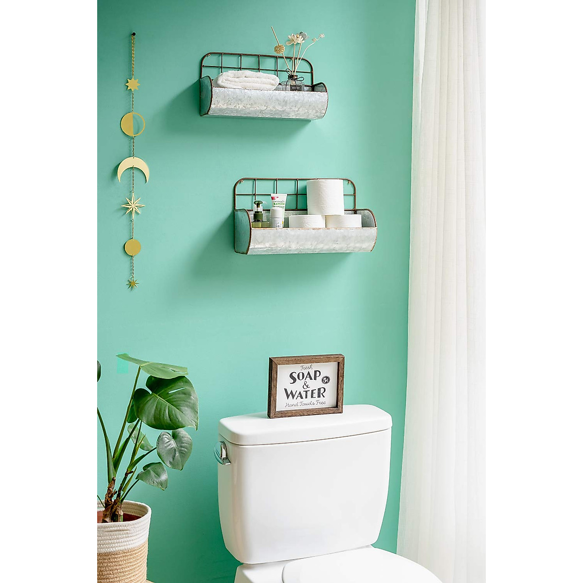 Dahey Farmhouse Galvanized Wall Basket Decor Bathroom Storage Bin Organizer Rustic Metal Wall Planter Wire Back Hanging Shelves for Bedroom Living Room Kitchen Apartment Entryway Laundry, Set of 2