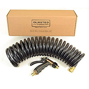 Olmsted Forge Hose Kit, 2 pcs: 1/2" ID x 25' HP Quality Coiled Hose (Charcoal Gray) with 2 Flex Reliefs & Metal Body Nozzle