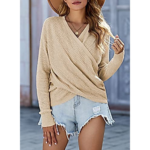 Dokotoo Womens Sweaters Winter Fall Cute Deep V Neck Wrap Chunky Cable Knit Short Fuzzy Pullover Crop Sweater Long Sleeve Jumper Tops Soft Comfy Apricot Large