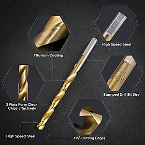 TICONN 13 PCS Titanium Coated Drill Bit Set, 135 Degree Tip High Speed Steel HSS Drill Bits Kit for Steel, Aluminum, Copper, Soft Alloy Steel, Wood, Plastic Size from 1/16" to 1/4"