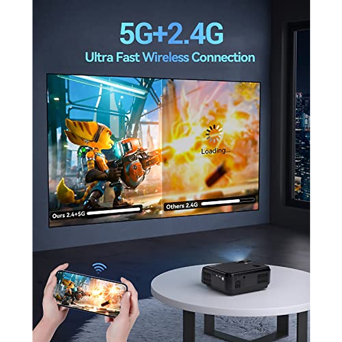 USSUNNY 5G WiFi Bluetooth Projector, 12500L/500 ANSI 1080P Native Projector 4K Supported Projector Outdoor Movies, Support 4P/4D Keystone Correction, Zoom, PPT, 300" Home Theater Video Projector