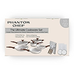 PHANTOM CHEF 18-Piece Cookware Set | Non-Stick Ceramic Coating | Oven & Dishwasher Safe | PFOA-Free | Aluminum Pots & Pans Set with Lids | Stay-Cool Handles | Induction Stovetop Compatible (Beige)