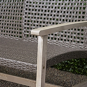 GDFStudio Outdoor Wood and Wicker Loveseat, Light Gray Finish with Mix Black Wicker