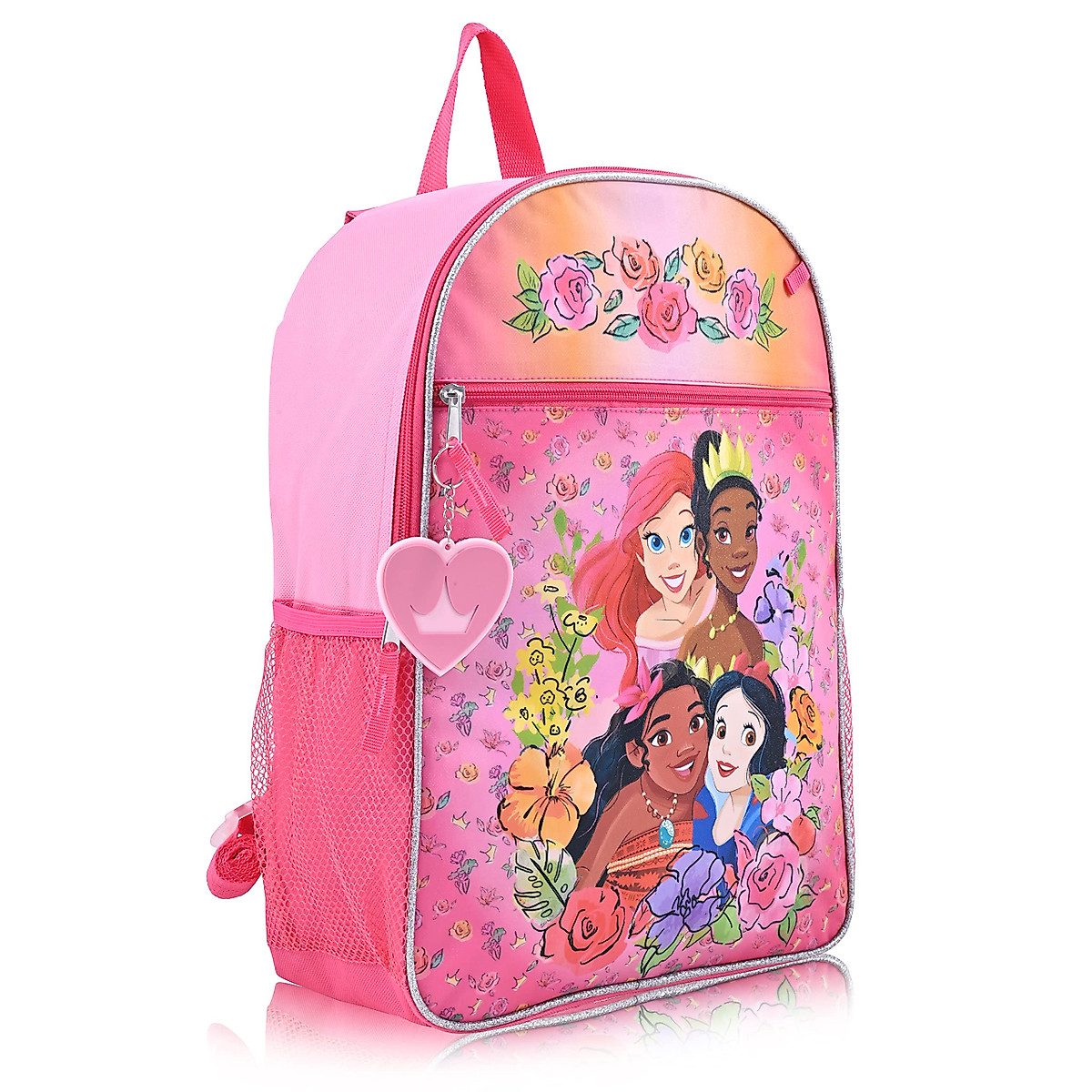 Disney Princess Girls Backpack for Little Kids | 6 Piece Set Girls Water Bottle Keychains Snack Tote and Knapsack for School