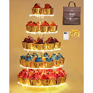Jusalpha 5 Tier Circle Cupcake Stand With Light - Premium Cupcake Holder - Acrylic Cupcake Tower - Ideal for Weddings Birthday Parties, Candy Bar Decor 5RF-S (LED Light Option: Battery)