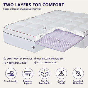 Homemate Memory Foam Mattress Topper King, Dual Layer 4 Inch Cooling Mattress Topper, 2 Inch Gel Memory Foam Plus 1800TC Mattress Pad Comfort Support, Pillow Top with 8-21 Inch Deep Pocket, White