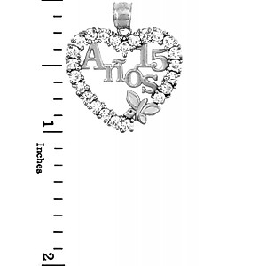 Sterling Silver Sweet 15 Anos Quinceanera Necklace with Cubic Zirconia Heart with Butterfly, 16"