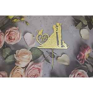 Mr and Mrs Cake Topper, Bride and Groom with Cats Silhouette Wedding Cake Decors, Cats Pet Party Decorations, Gold Glitter