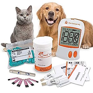 Pet Control HQ Blood Sugar Glucose Monitor System - Cat and Dog Glucose Monitoring Kit - Accurate Diabetes Testing 2 Calibrated Code-Chips, Lancets, Logbook - Monitor + 50 Test Strips