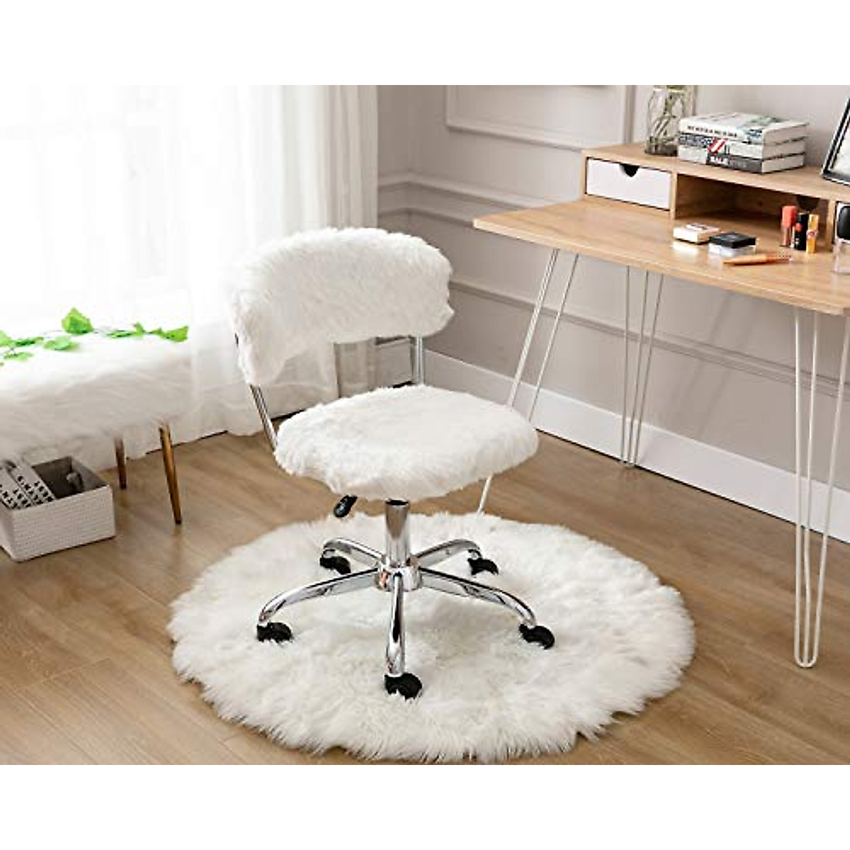 White Home Office Chair Cute Fluffy Vanity Chair with Back Task Upholstered Fur Armless Swivel Desk Chair for Study Room, Height Adjustable