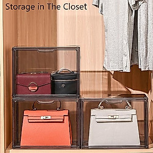 WMM Purse Storage Organizer for Closet, 3 Packs Plastic Acrylic Clear Handbag Purse Shoes Book Figure Toy Display Case, Storage Bins for Cosmetic, Stackable Magnetic Drop Front Storage Organizer
