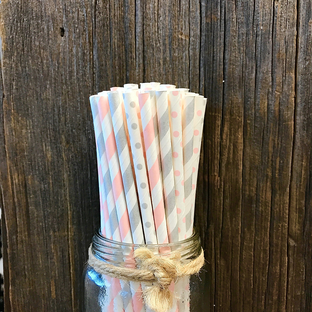 Light Pink and Silver Paper Straws Stripe Polka Dot - 7.75 Inches - 100 Pack - Outside the Box Papers Brand