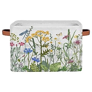 Storage Basket Bin, Flower Herb Butterfly Dragonfly Large Collapsible Storage Cube Box with Handle Durable Waterproof Closet Shelf Organizer for Toy Nursery Bedroom Laundry Basket, 1 Pcs