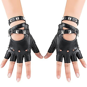 Fingerless Leather Gloves, Half Finger Biker Punk Gloves (One size fits all) with Belt Up and Rivet Design for Halloween Costume Party