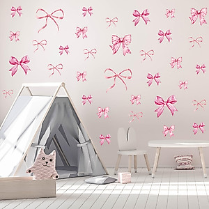Whaline 12 Sheets Trendy Pink Bow Wall Stickers Light Pink Bow Knot Wall Decals Watercolor Room Mural Stickers for Girls Party Home Nursery, 7.9 x 11.8 Inch