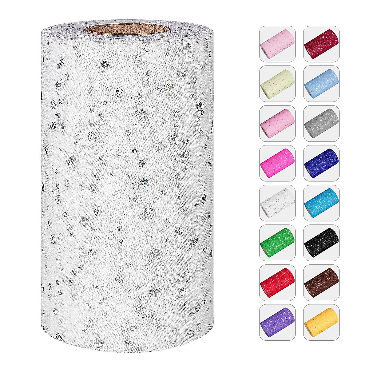 Glitter Tulle Rolls, 6” by 50 Yards (150FT) Sequin Tulle Netting Fabric Tulle for Tutu Skirts Sewing Birthday Wedding Party Decoration (White)