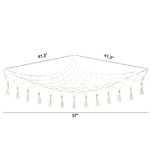 Dahey Stuffed Animal Storage Net Hammock with String Light Wall Corner Hanging Toys Storage Organizer Plush Net Toy Holder Hammock Macrame Tassels Boho Decor for Nursery Kid Playroom Bedroom