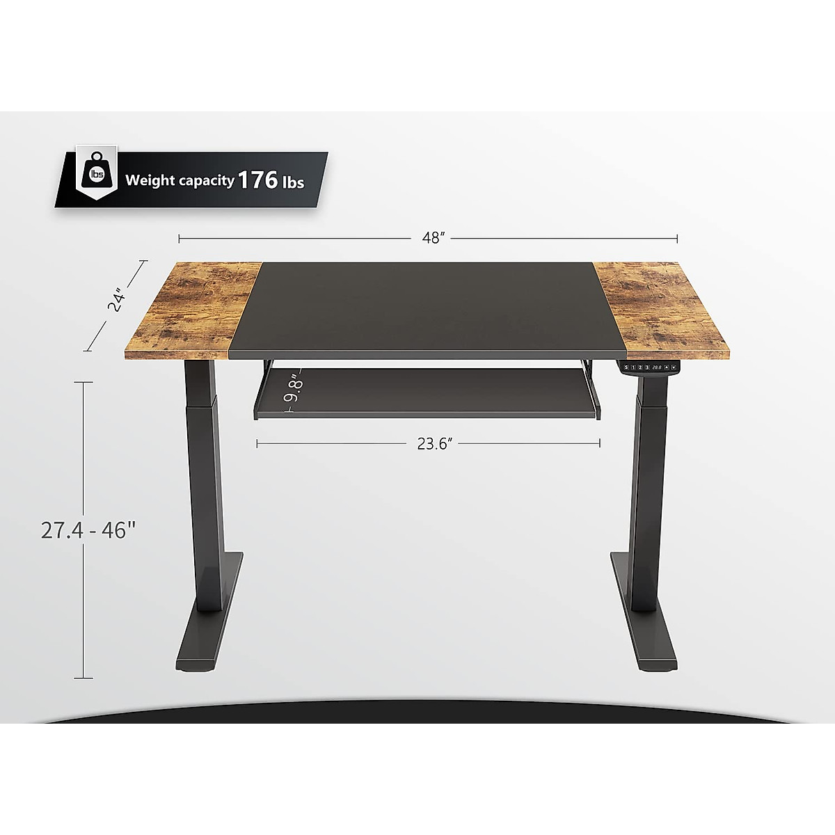 FEZIBO Dual Motor Height Adjustable Electric Standing Desk with Keyboard Tray, 48 x 24 Inch Sit Stand Table with Splice Board, Black Frame/Rustic Brown and Black Top