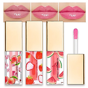 evpct 3Pcs Peach Strawberry Watermelon Mini Clear Color Change Changing PH Tinted Lip Gloss Balm Set for Women Girls Lip Oil Gloss Tint Stain Glaze Pack bulk labiales magicos brillos para labios