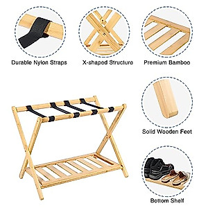 ALAPUR Bamboo Luggage Rack for Guest Room, Folding Luggage Holder with Storage Shelf , Suitcase Stand for Bedroom,Guest Room,Hotel