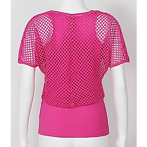 Smile Fish Women Casual Sexy 80s Costumes Fishnet Neon Off Shoulder T-Shirt (Hot Pink US 6-8/Tag Size M)
