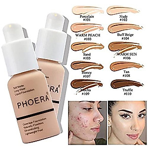 PHOERA Foundation, Full Coverage Foundation, PHOERA Primer, PHOERA Powder, PHOERA Makeup Set, Kabuki Makeup Brushes Foundation Brush Powder Brush,2 Pcs Makeup Sponge (102 Nude + 104 Buff Beige)