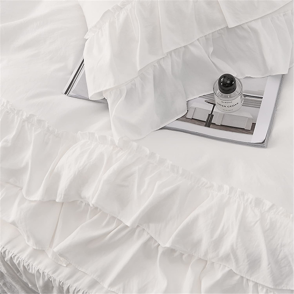 Soukach/SOUKECHY White Shabby Chic 3 Pieces Bedding,Vintage Ruffled Queen Duvet Cover Set with 2 Layers Ruffles,Soft Brushed Microfiber Set with Zipper Closure(Queen, White)