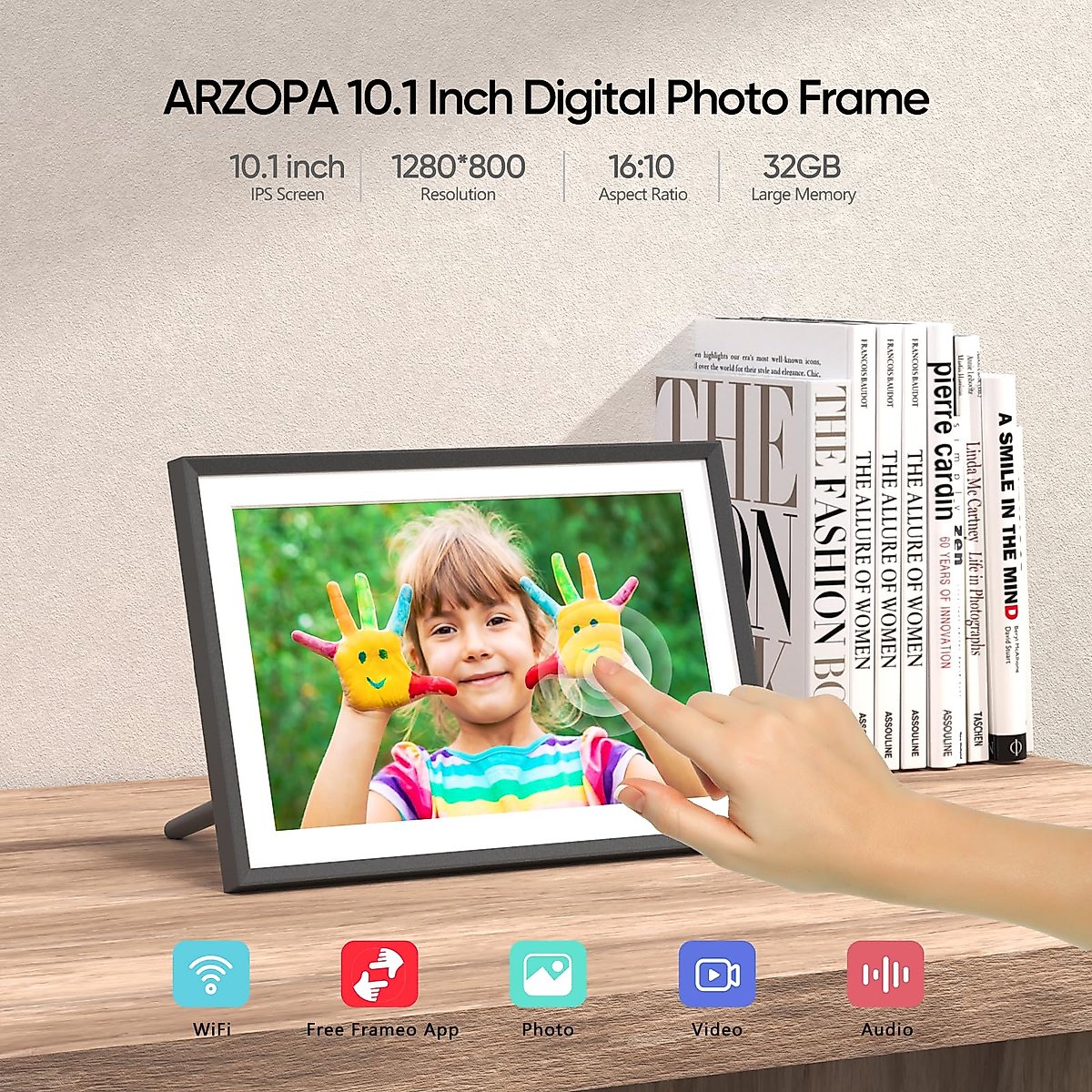 ARZOPA Frameo Digital Picture Frame 10.1 Inch Smart WiFi Digital Photo Frame 32GB with 1280x800 IPS Touch Screen, Auto-Rotate and Slideshow, Easy Setup to Share Photos Or Videos from Anywhere Anytime
