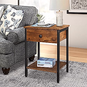 LUSIMO Nightstand with Drawer Bedside Table for Bedroom Small Farmhouse Bed Side Table, 2 Tier Wooden end Table for Small Spaces, Rustic Bedroom Table Living Room with Stable Metal Frame, Brown