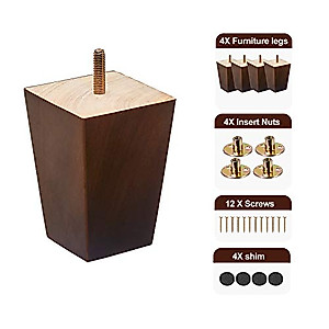 Wood Furniture Legs 5 inch Sofa Legs Pack of 4 Square Brown Couch Legs ,Mid century chair feet,Sofa replacement parts, For Dresser legs Sideboard Recliner couch Circle chair Couch riser Coffee Table